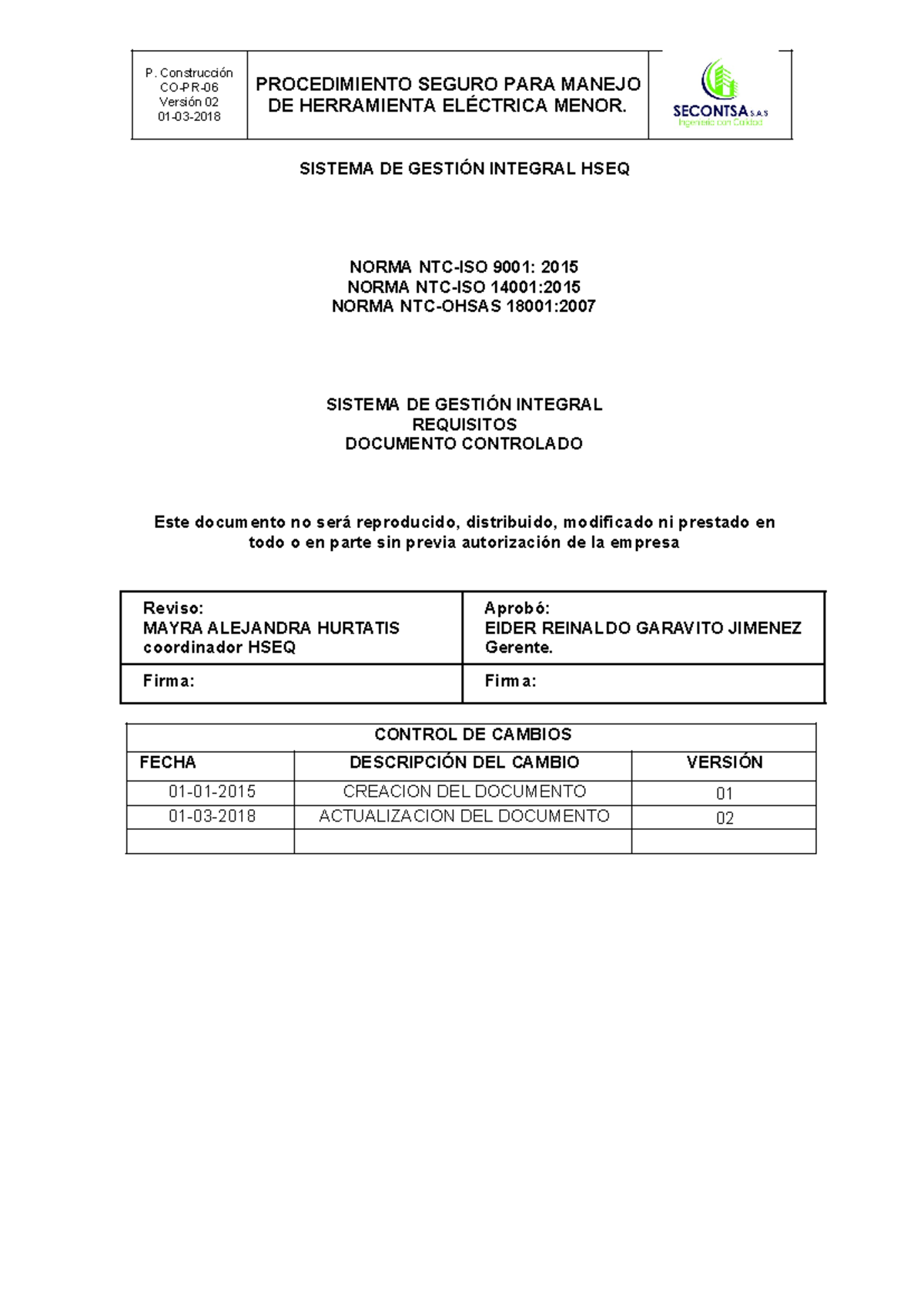 CO-PR-06. Manejo Herramienta Electrica Menor.DOC - SISTEMA DE GESTIÓN ...