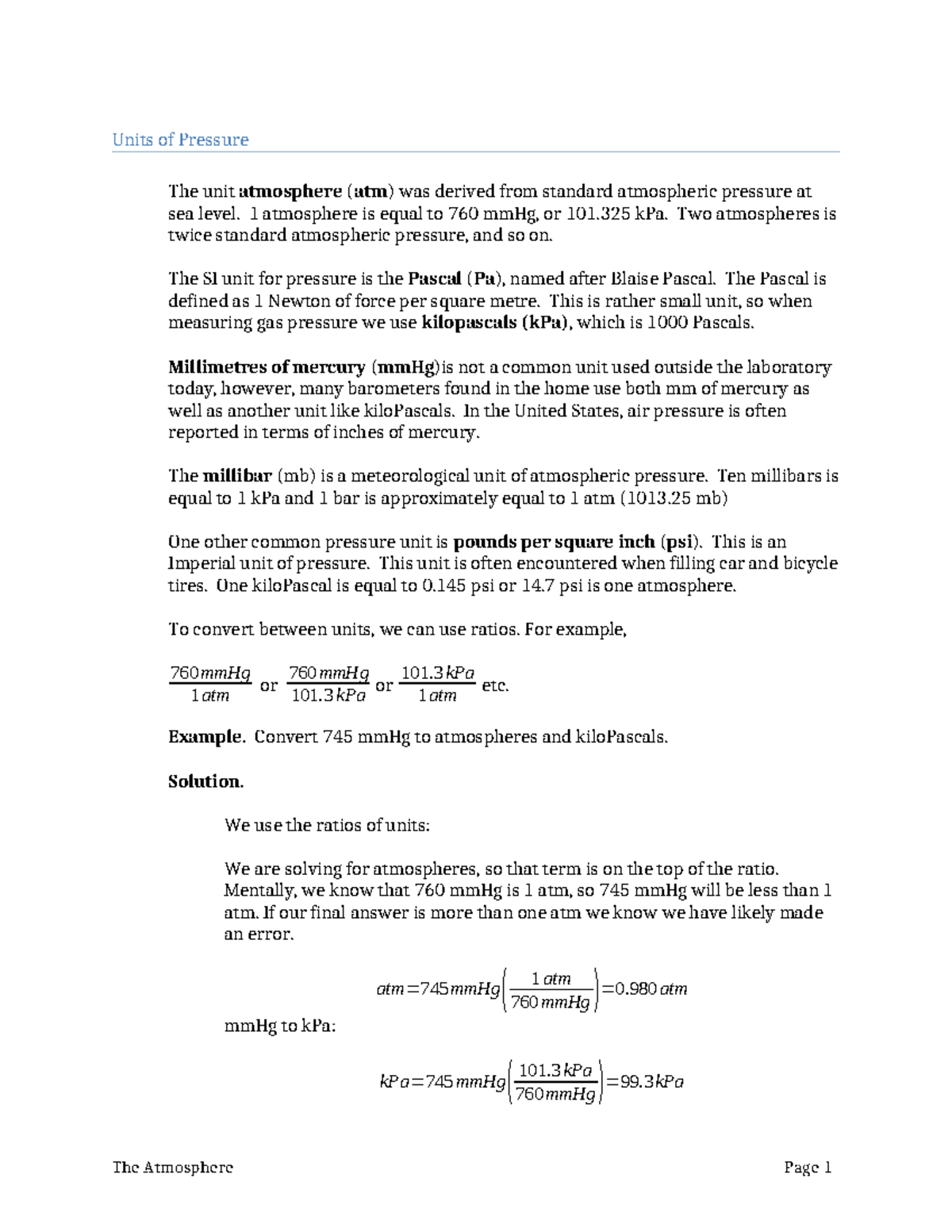 Units of pressure worksheet - Units of Pressure The unit atmosphere ...