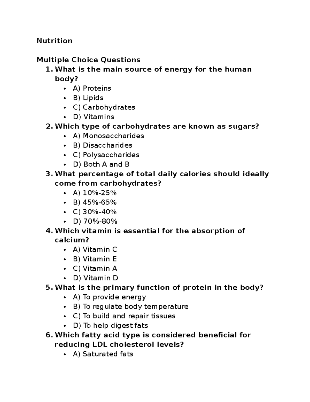 Nutrition Practice Questions - Nutrition Multiple Choice Questions 1 ...