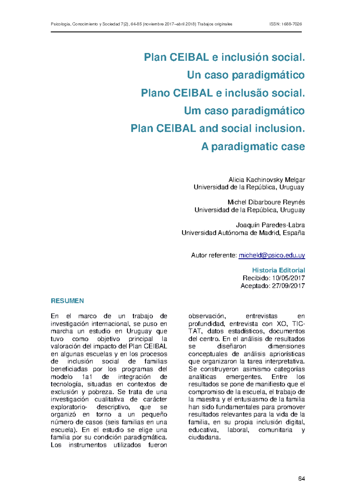 Plan Ceibal e inclusion social Un caso paradigmati - Plan CEIBAL e inclusión social. Un caso ...