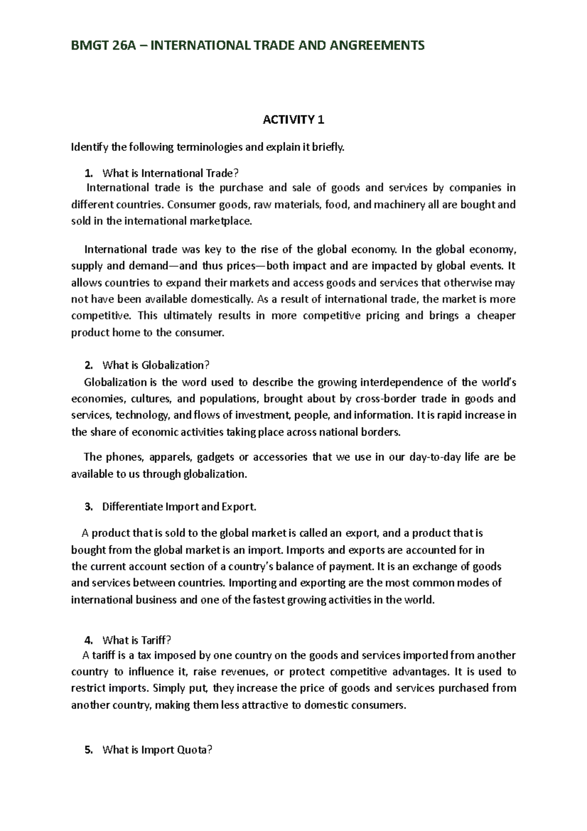 Activity 1 - International trade and agreements - BMGT 26A ...