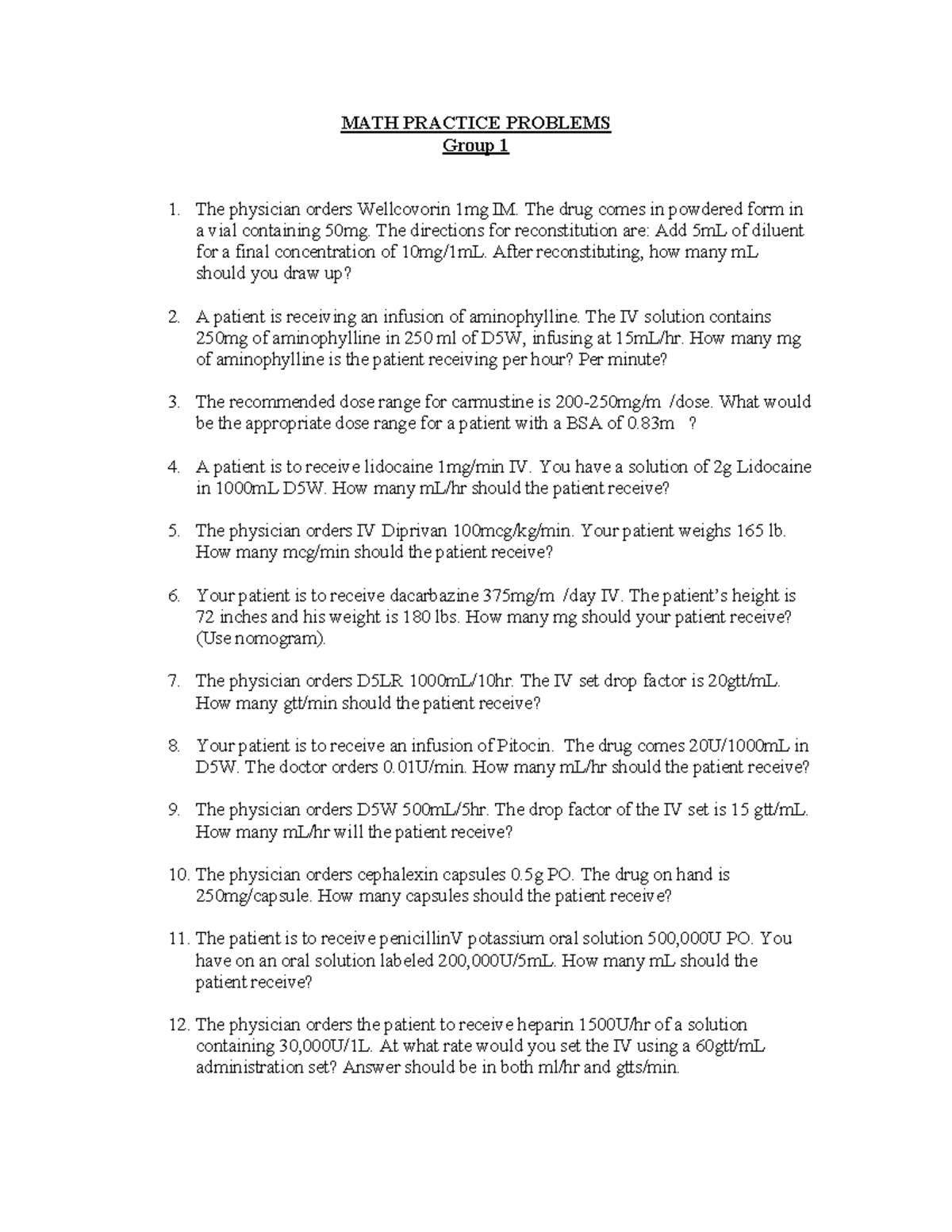 Nursing-Math Practice Set 1 - - Studocu