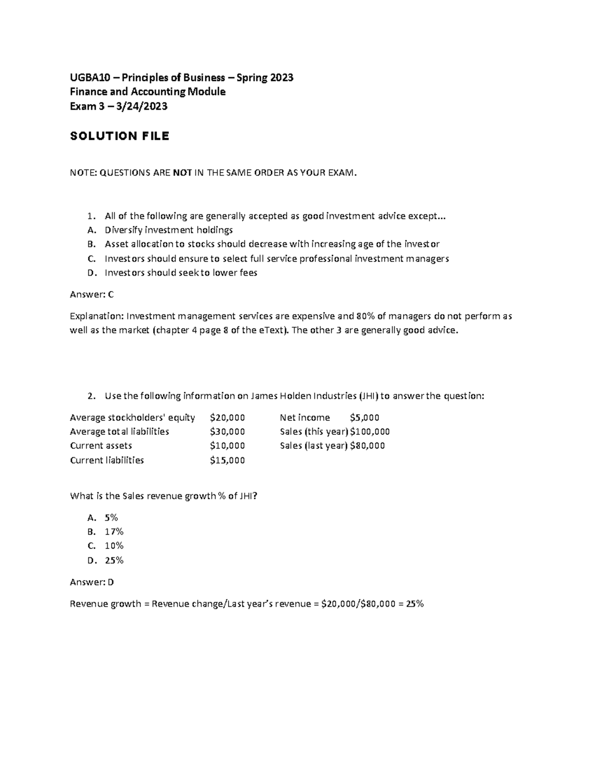 Practice EXAM2 Answers - UGBA10 – Principles of Business – Spring 2023 Finance and Accounting ...