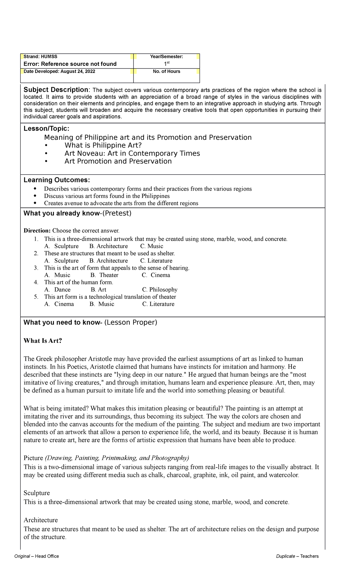 Contemporary - Arts - Strand: HUMSS Year/Semester: Error: Reference ...