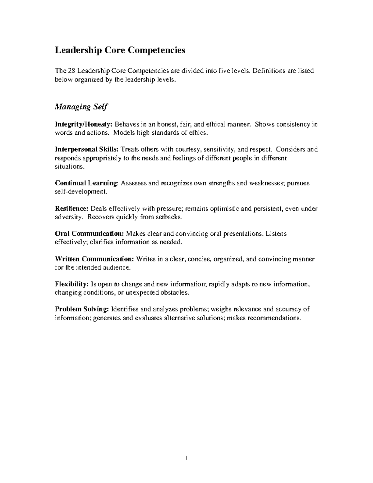 Leadership core competencies - Definitions are listed below organized ...