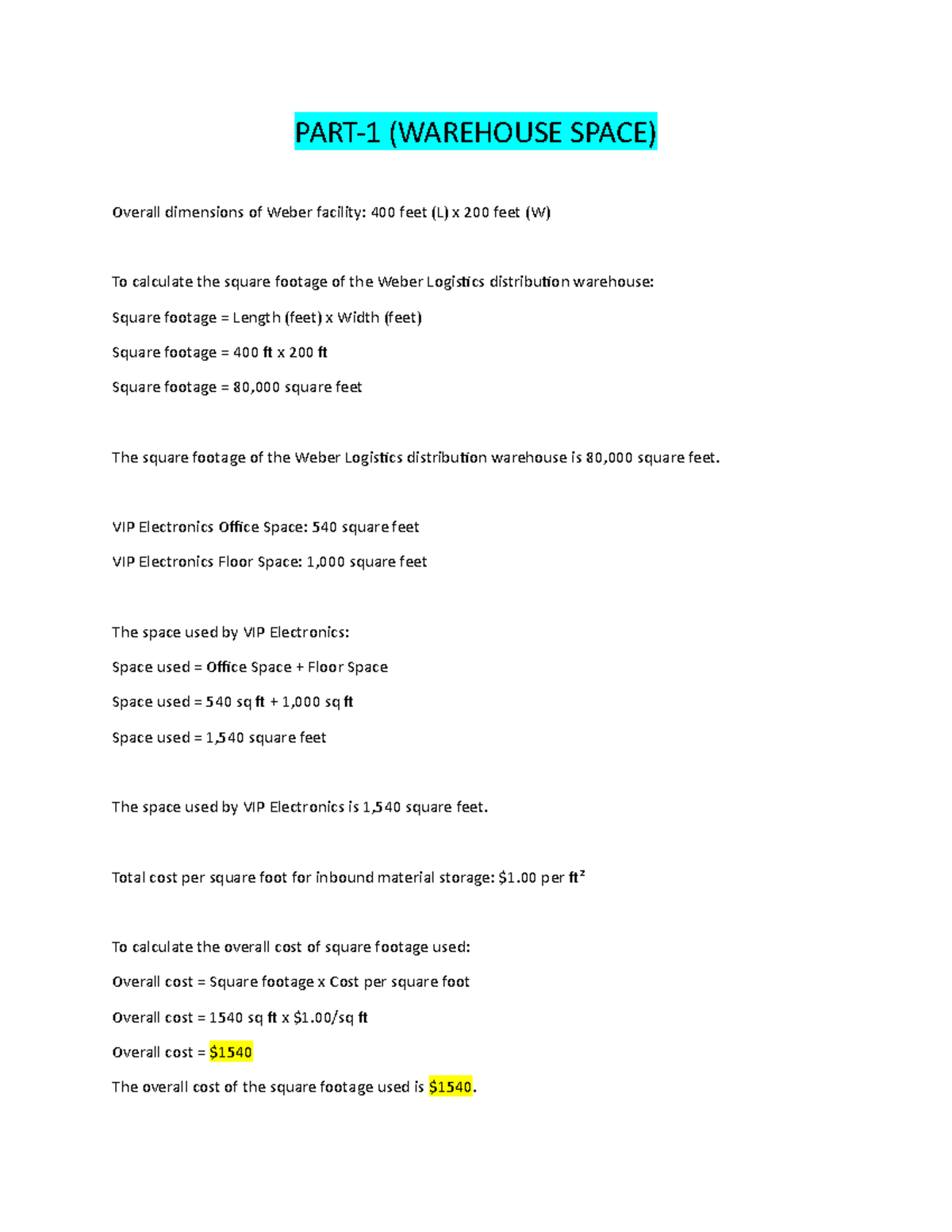 Dc assignment 2 - PART-1 (WAREHOUSE SPACE) Overall dimensions of Weber ...