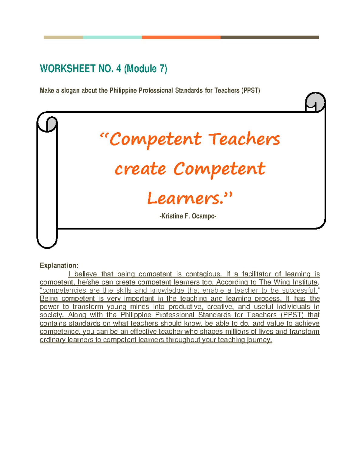 Worksheet 4 (Module 7) - “Competent Teachers create Competent Learners ...