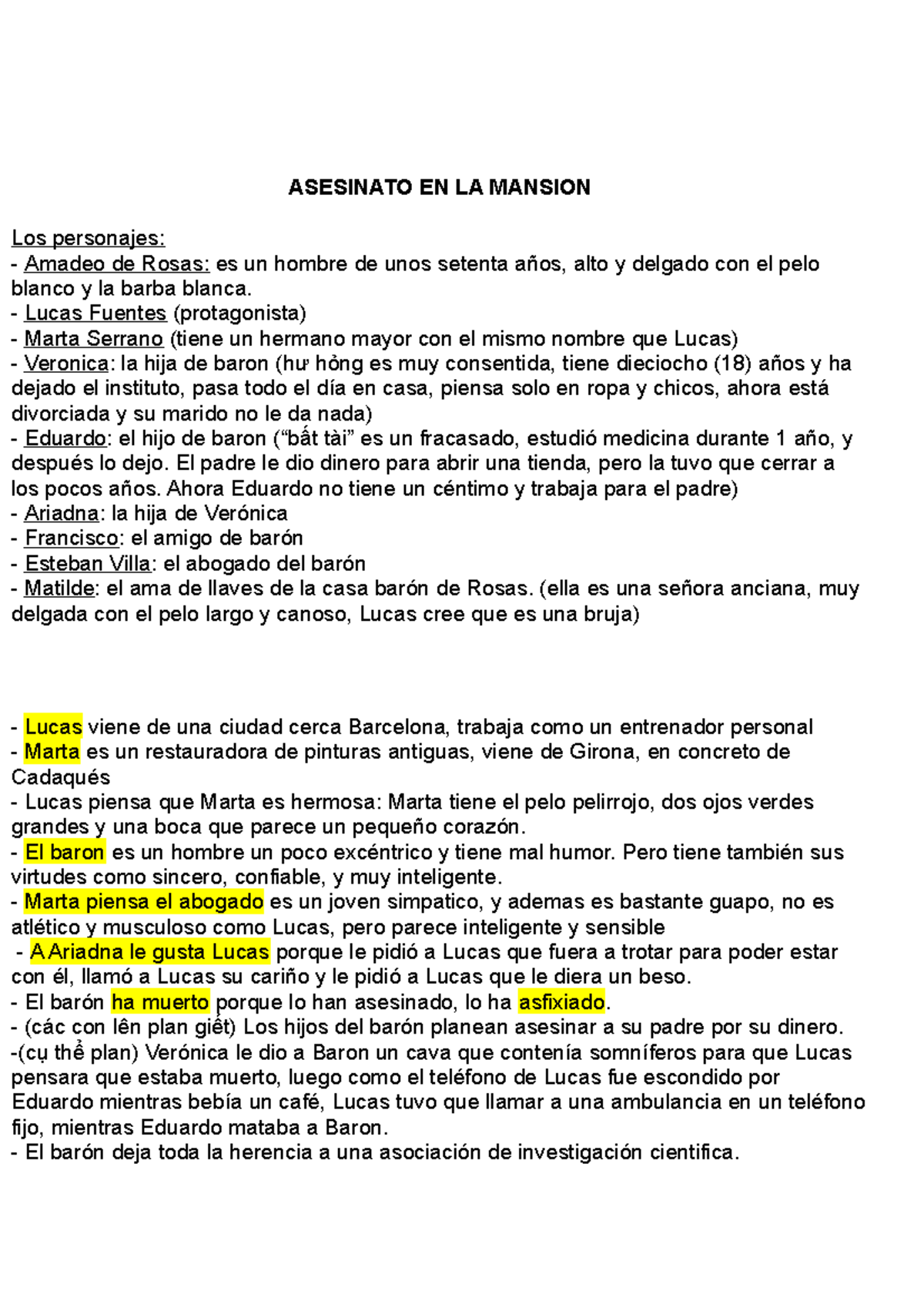 Appunti for spanish 2 - ASESINATO EN LA MANSION Los personajes: Amadeo ...