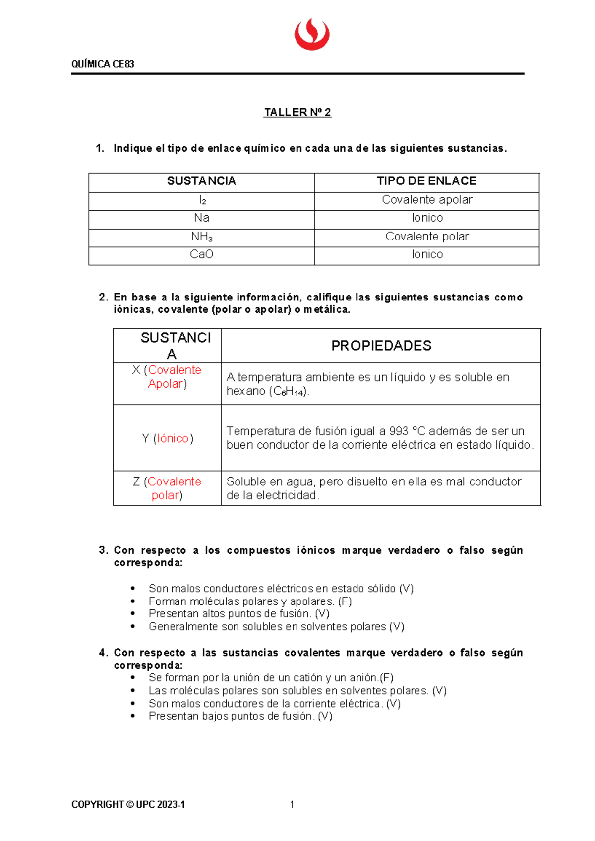 CE83 Taller 2 Química - TALLER Nº 2 1. Indique el tipo de enlace químico en cada una de las ...