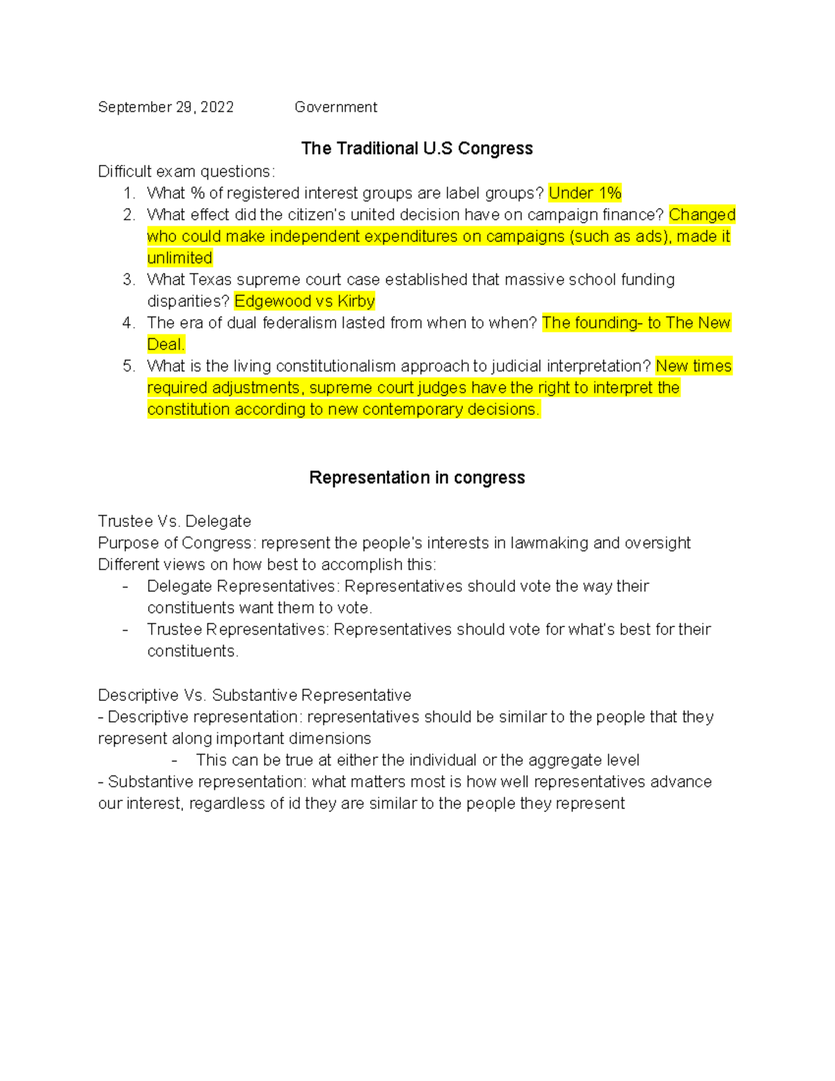 Traditional congress - These are my government notes that I've taken in ...