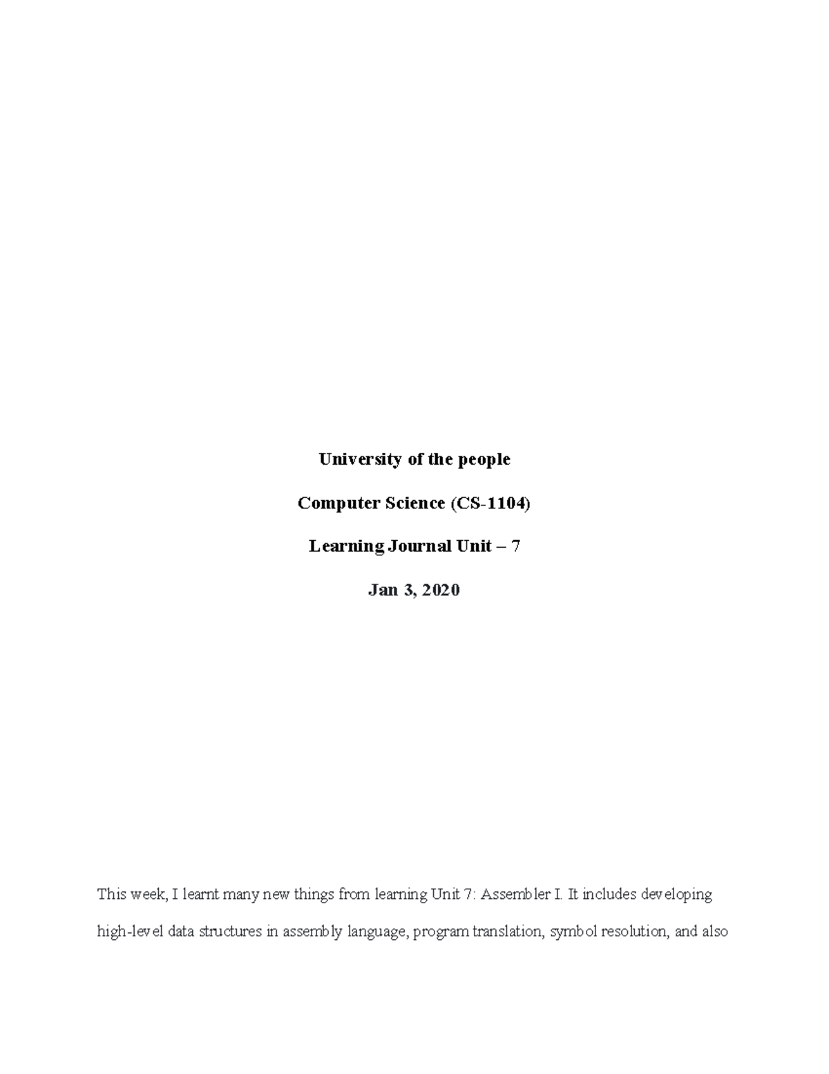 Assignment U-7 - University of the people Computer Science (CS-1104) Learning Journal Unit – 7 ...