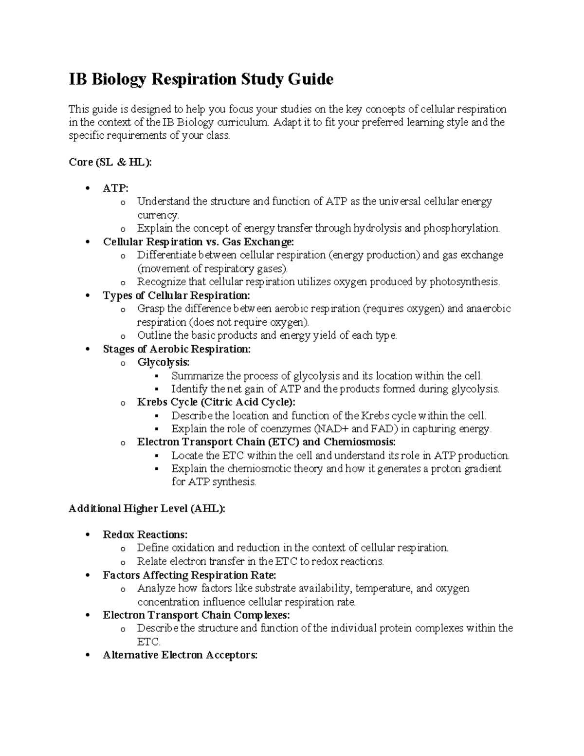 IB Biology Respiration Study Guide - Adapt it to fit your preferred ...