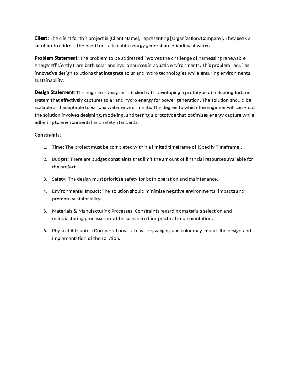 Design brief example - Client: The client for this project is [Client ...