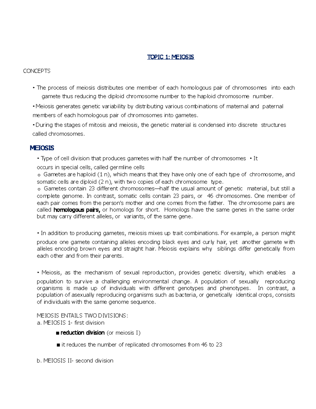 Meiosis - TOPIC 1: MEIOSIS CONCEPTS The process of meiosis distributes ...