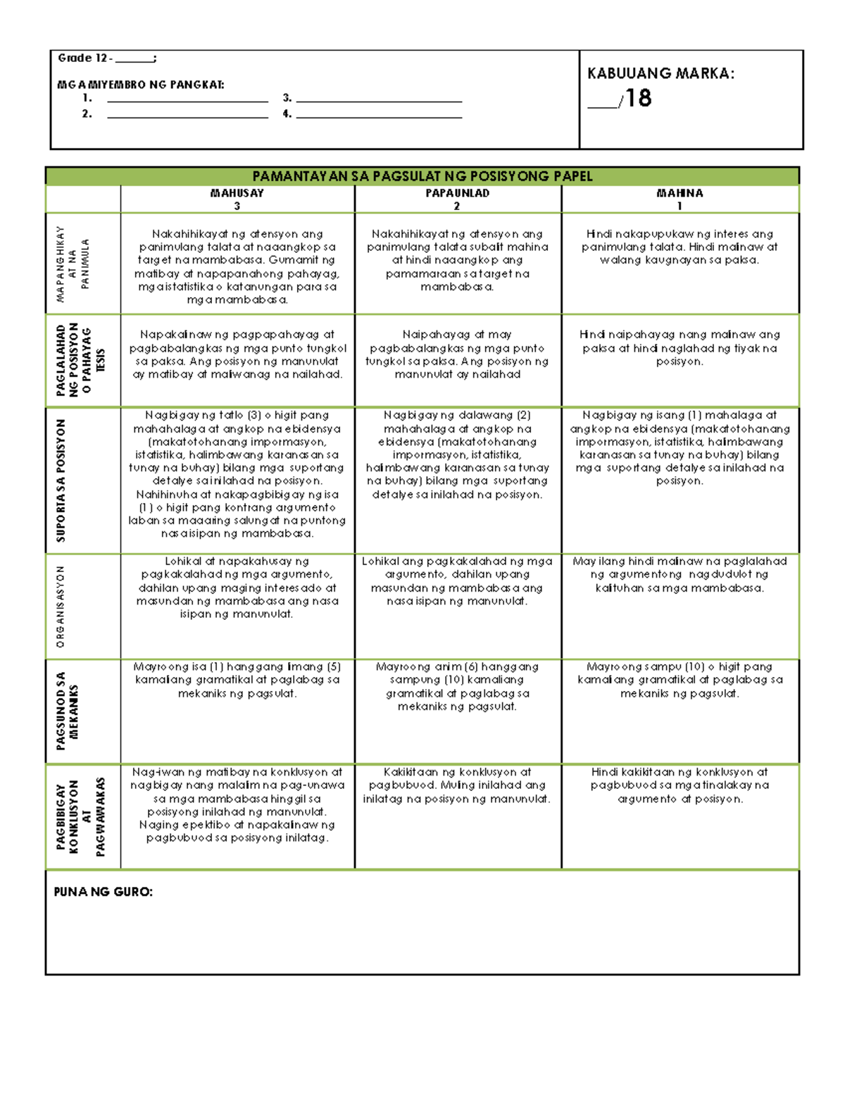 Posisyong Papel Rubrik sa Pagmamarka at Pagbibigay - Grade 12 ...