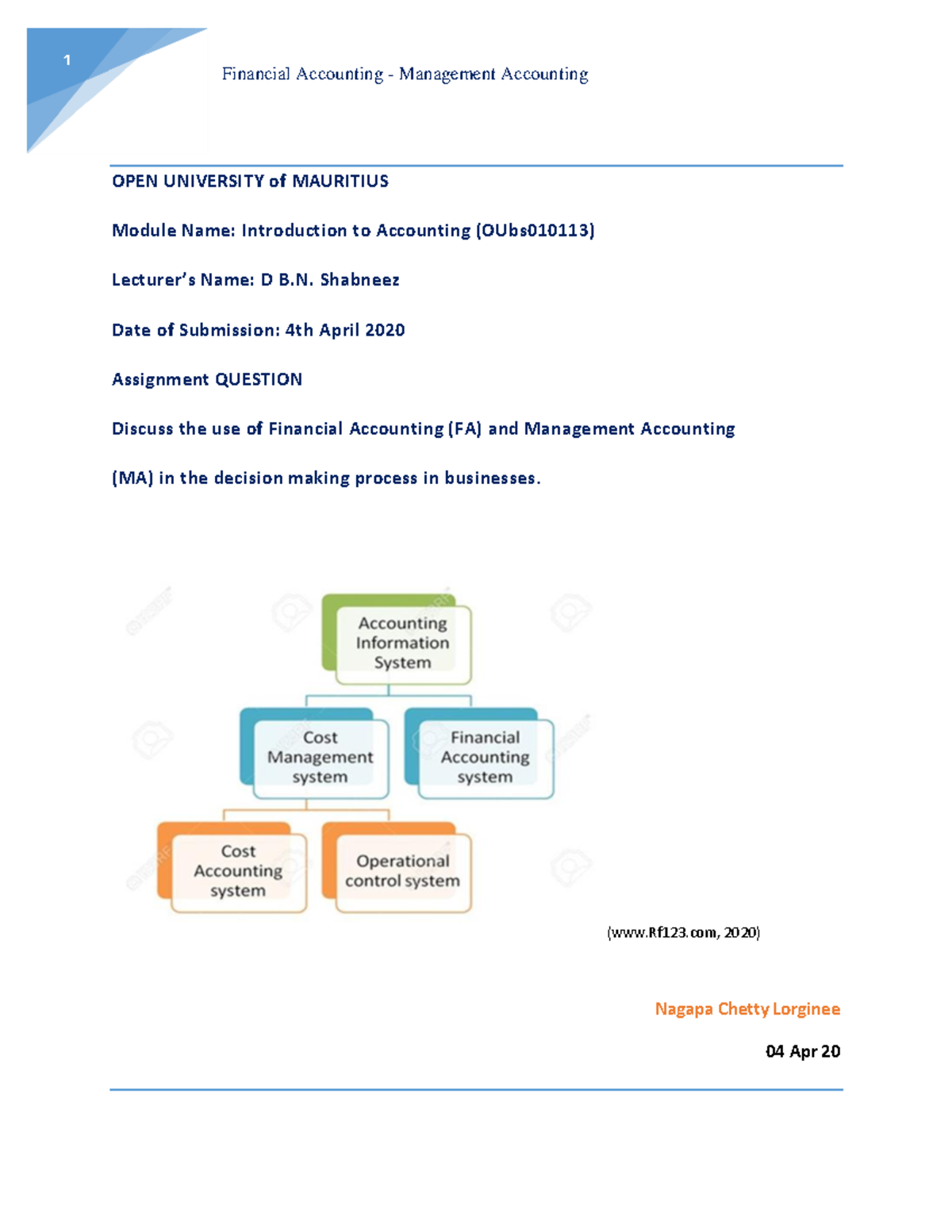 Assignment 1 Introduction to Accounting - OPEN UNIVERSITY of MAURITIUS ...