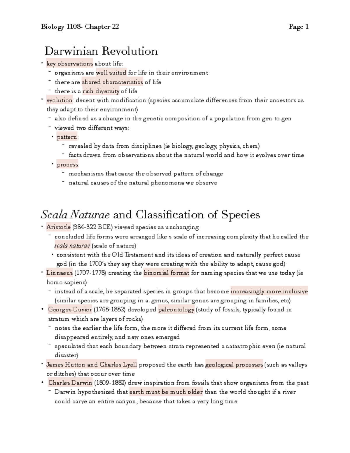 Biology 1108 Chapter 22 - Darwinian Revolution key observations about ...