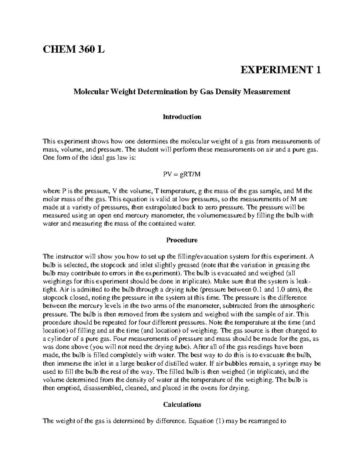 Lab 1 Handout - CHEM 360 L EXPERIMENT 1 Molecular Weight Determination ...