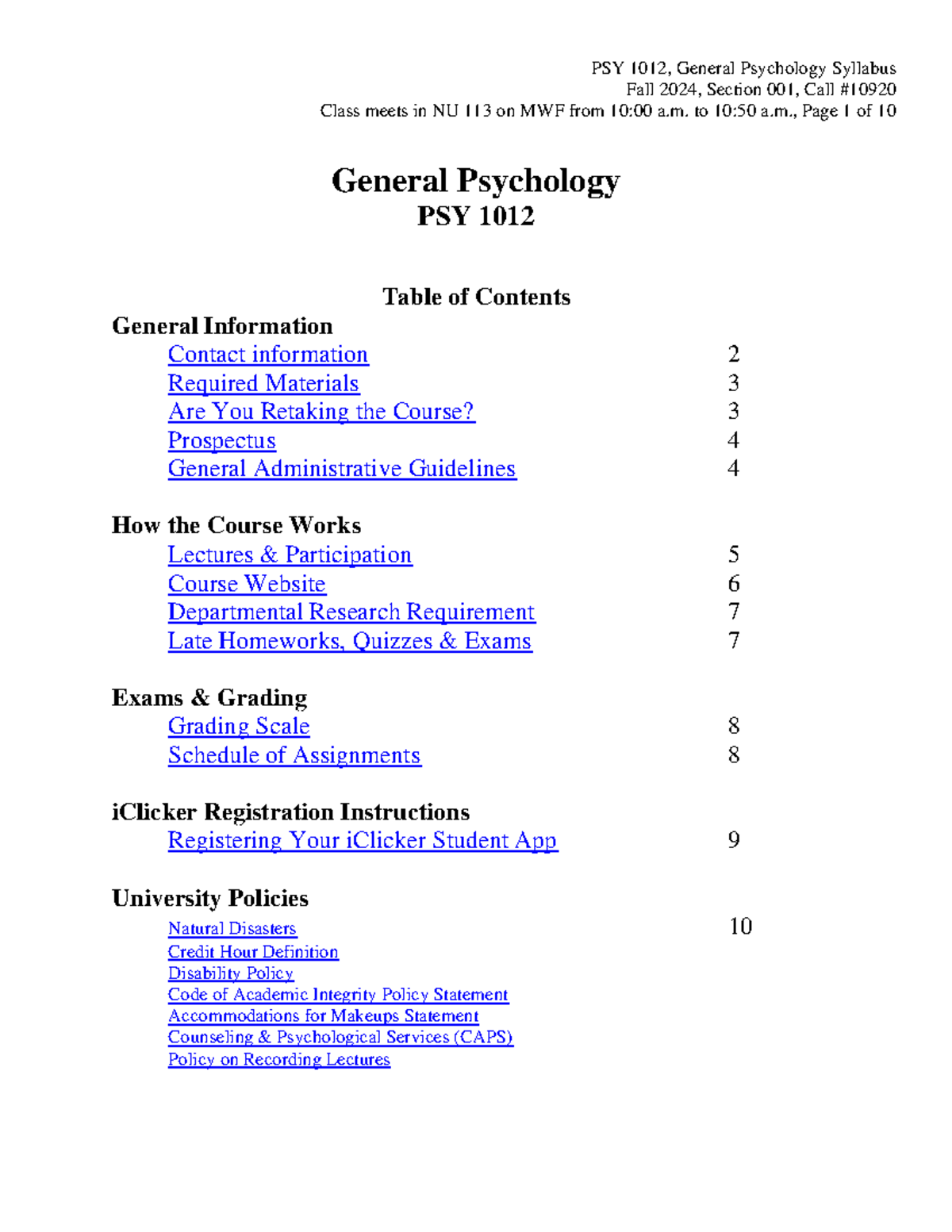 General psychology syllabus - Fall 2024 , Section 00 1 , Call # 10920 ...