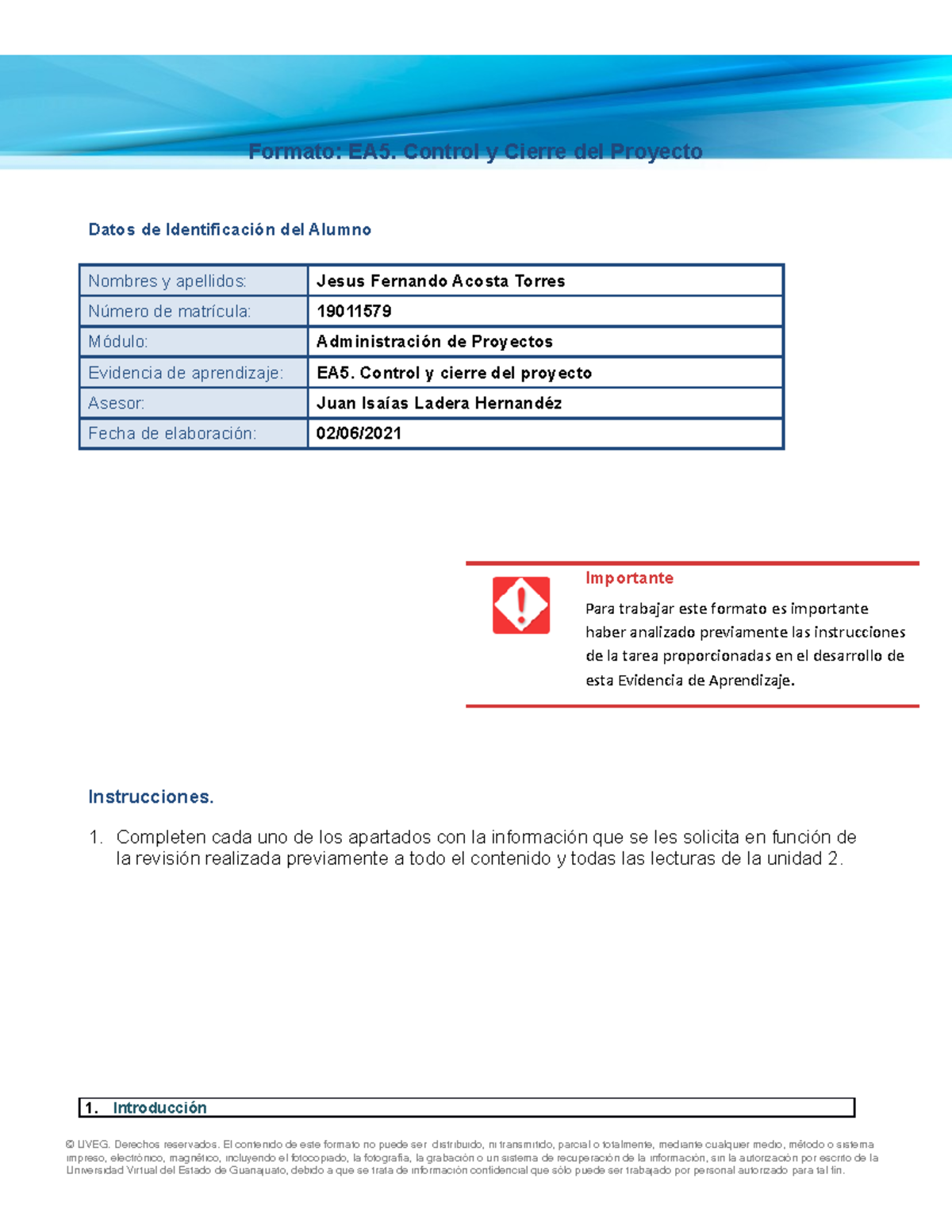 control y cierre - Formato: EA5. Control y Cierre del Proyecto Datos de ...