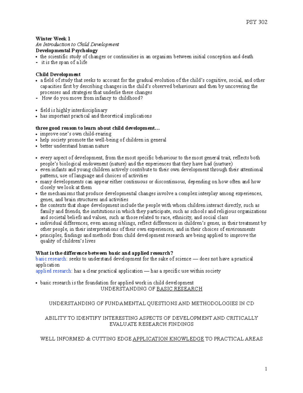 PSY 302 Notes - Child Development - Winter Week 1 An Introduction to ...