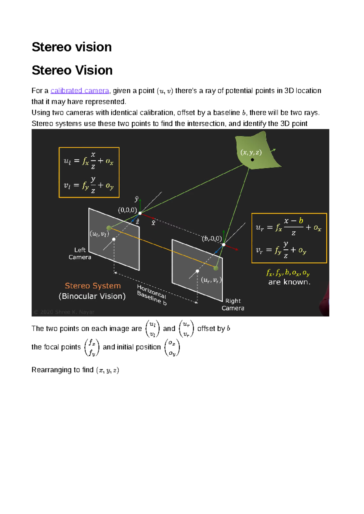Stereo Vision Notes - Stereo vision Stereo Vision For a calibrated ...