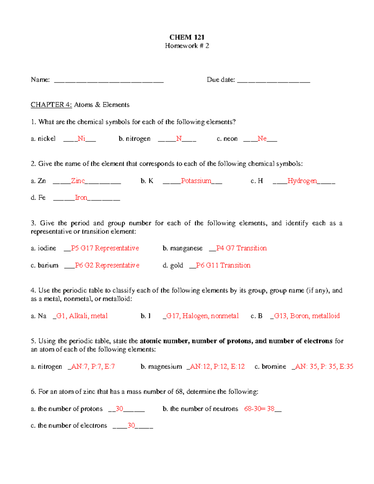 Chem 121-Homework #2 - Homework 2 - CHEM 121 Homework # 2 Name