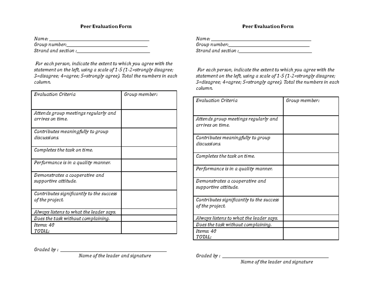 Peer Evaluation Group Work - Peer Evaluation Form Name: - Studocu