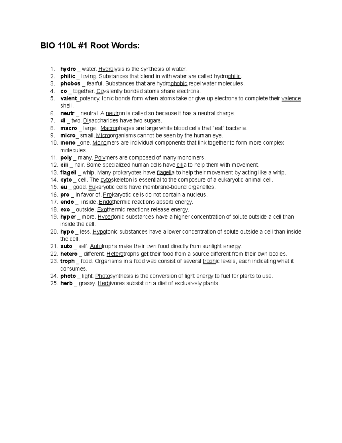 BIO 110L Root Words Assignment #1 - BIO 110L #1 Root Words: hydro ...