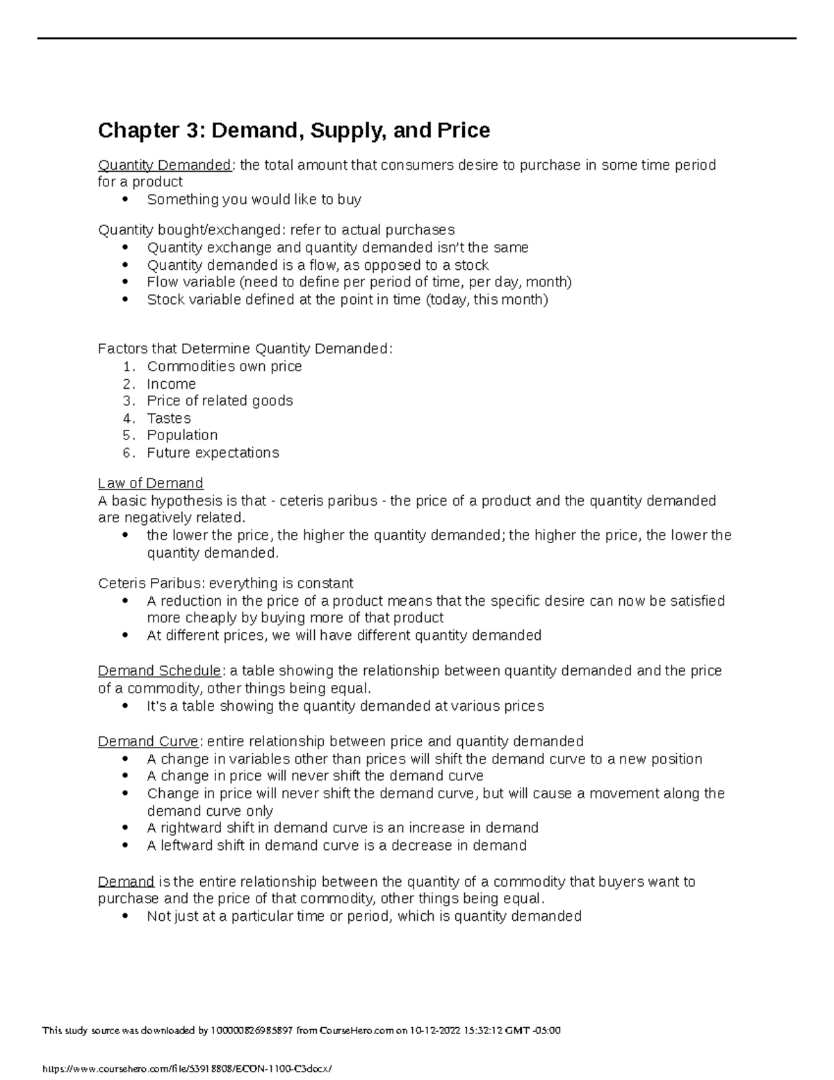 ECON 1100 C3 - Notes - Chapter 3: Demand, Supply, and Price Quantity ...