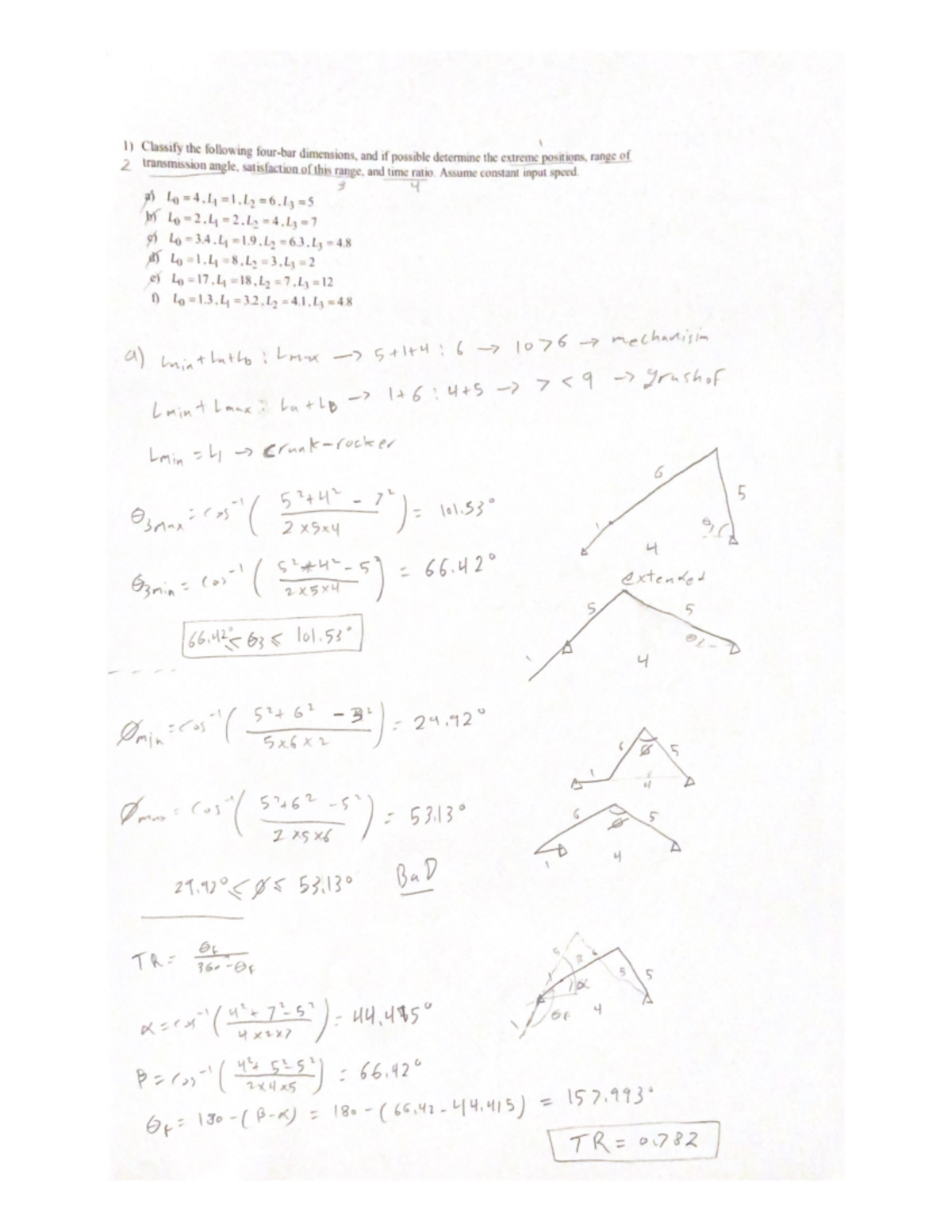 1) Classify the following four-bar dimensions, and if possible ... 1) Classify the following four-bar dimensions, and if possible ...