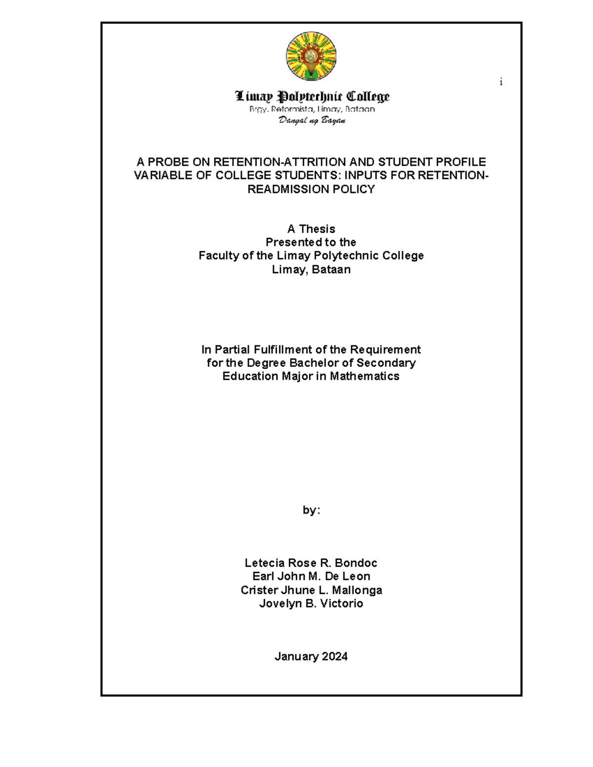 Final-BSED-Math - Research - A PROBE ON RETENTION-ATTRITION AND STUDENT PROFILE VARIABLE OF ...