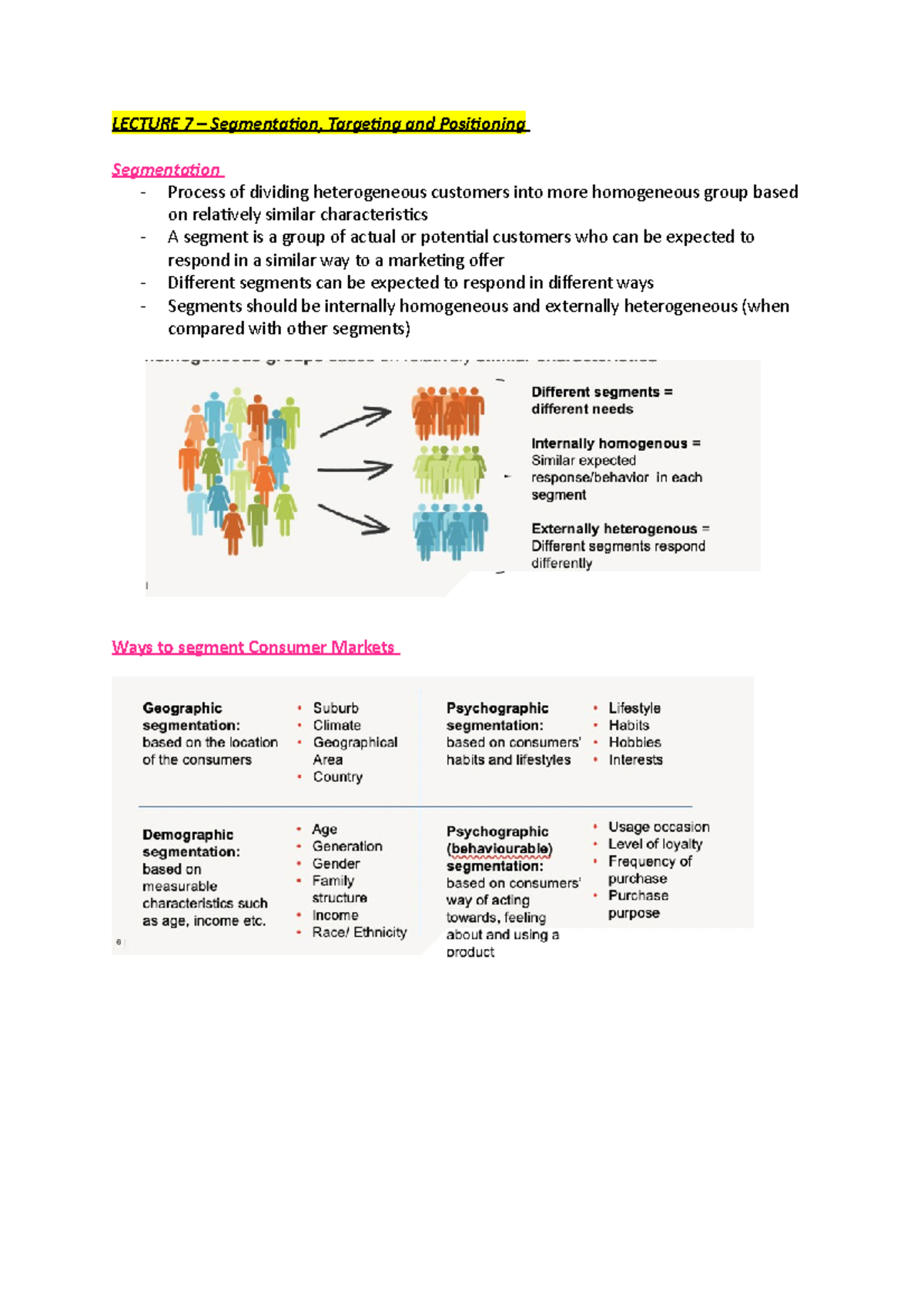 BUSN112 Lecture 7 - LECTURE 7 – Segmentation, Targeting and Positioning Segmentation - Process ...