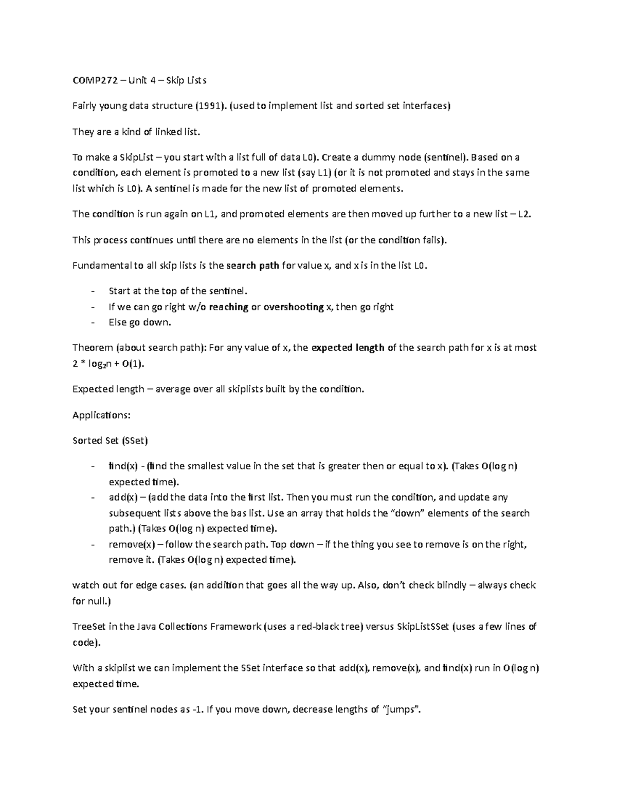 Unit 4 - Lecture 4 - COMP272 – Unit 4 – Skip Lists Fairly young data structure (1991). (used to ...