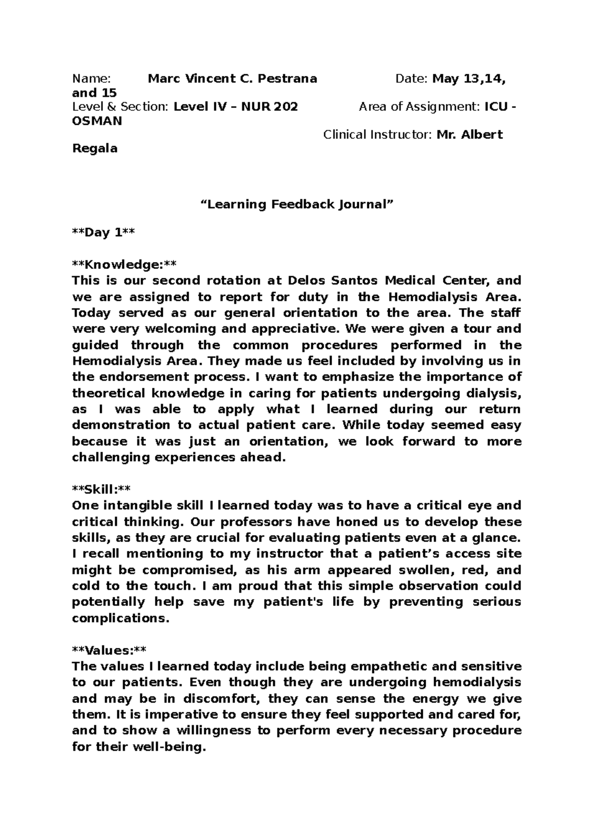 Learning Feedback Journal in ICU - Name: Marc Vincent C. Pestrana Date ...