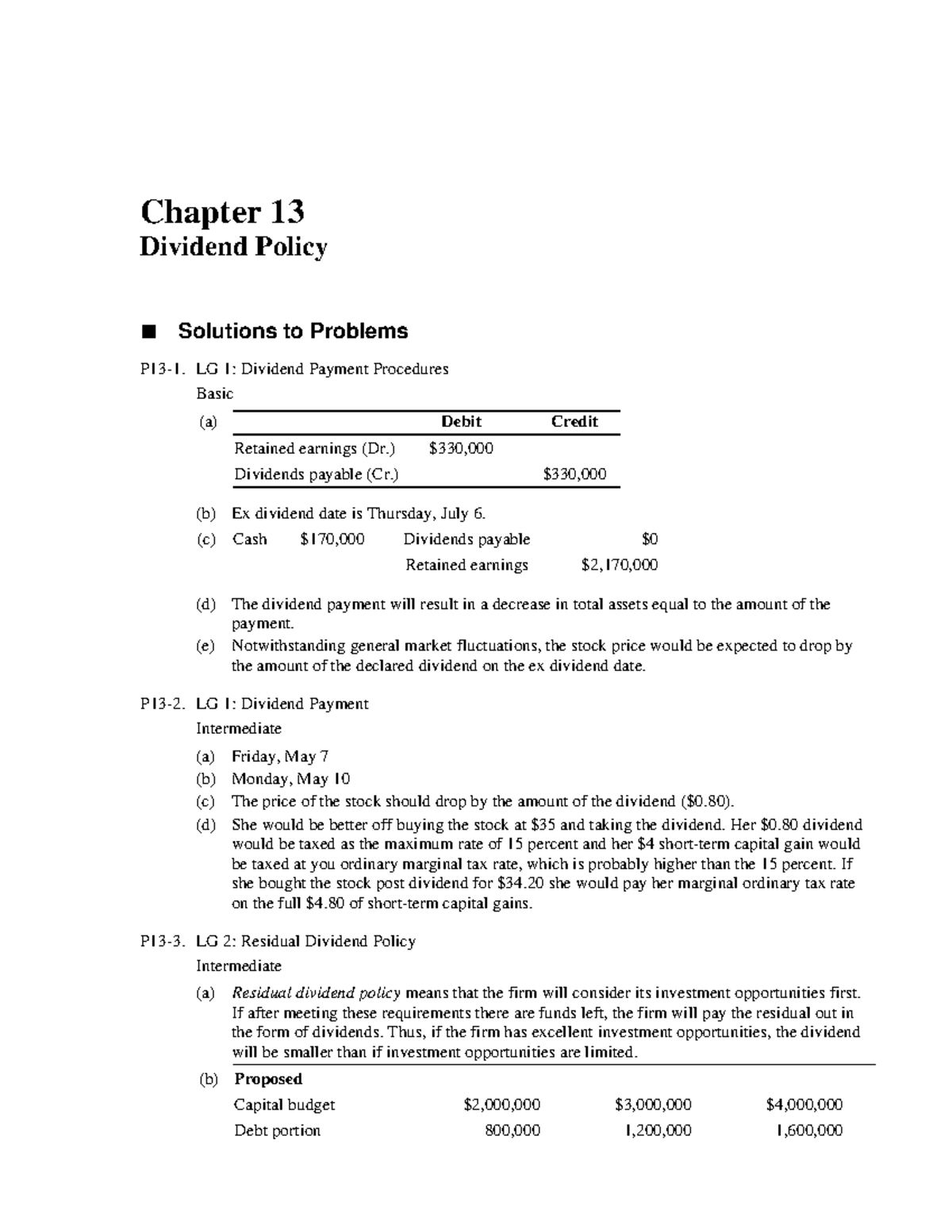 Chapter 13 - Chapter 13 Dividend Policy Solutions to Problems P13-1. LG 1: Dividend Payment ...