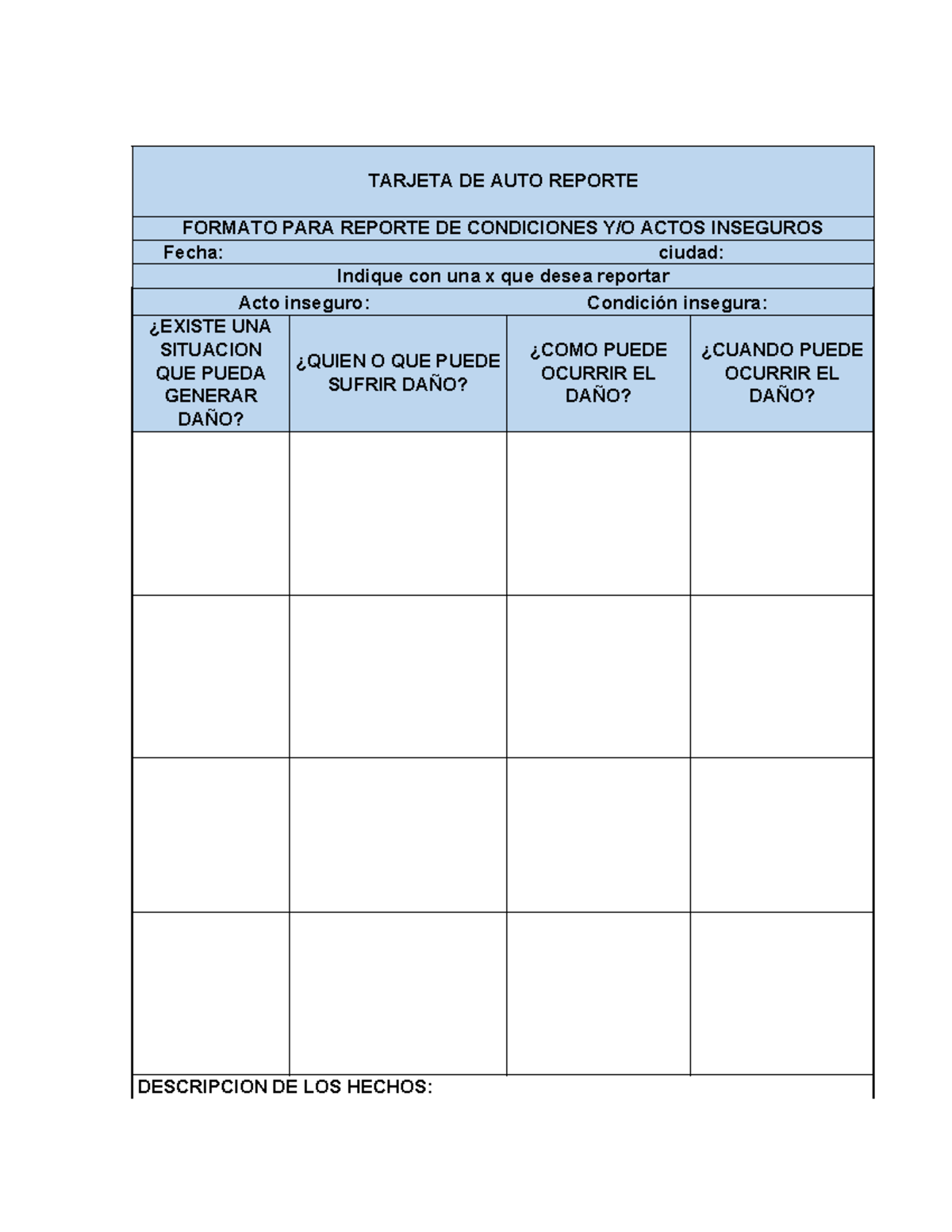 Tarjeta DE AUTO Reporte 1 - seguridad y salud en el trabajo - TARJETA ...