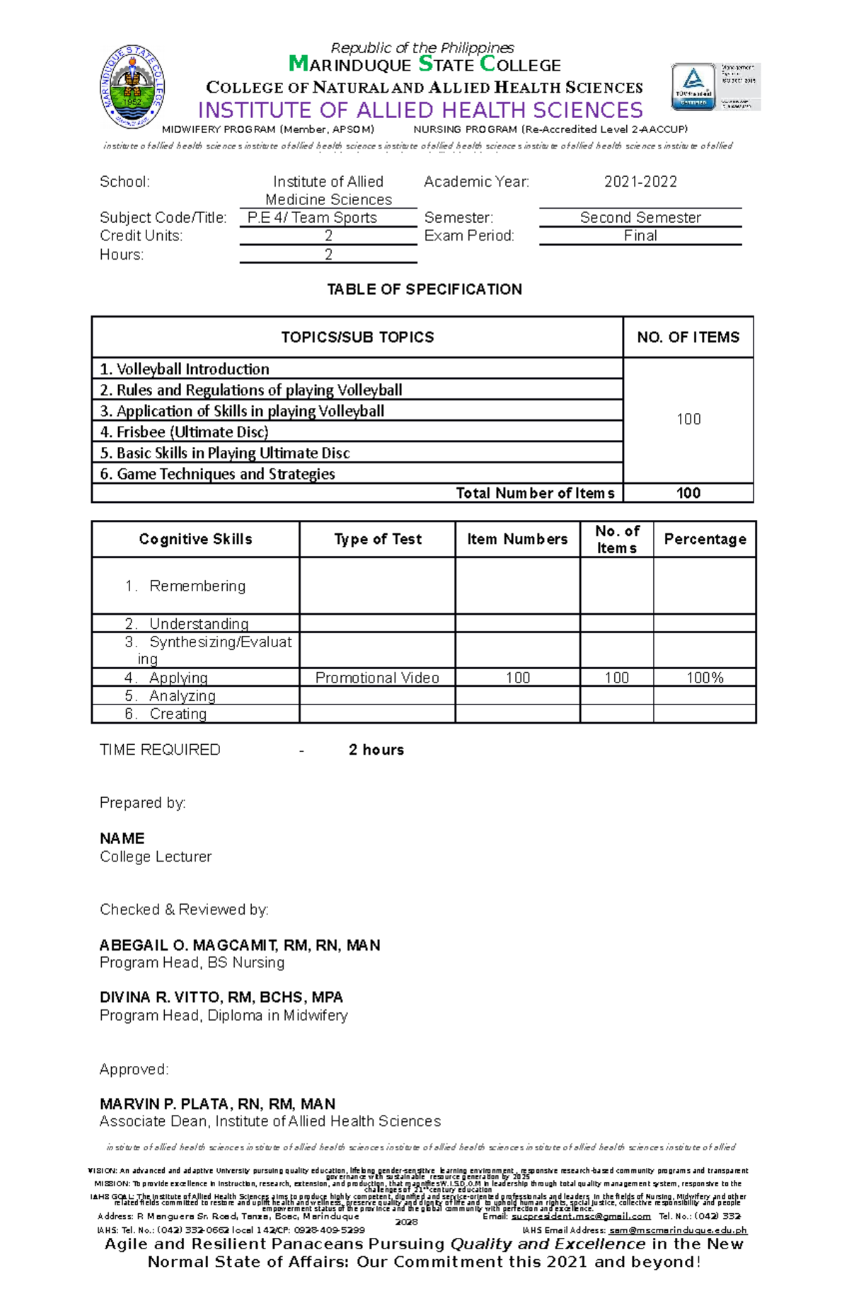 TOS Template 2021 2022 - Republic of the Philippines MARINDUQUE STATE ...