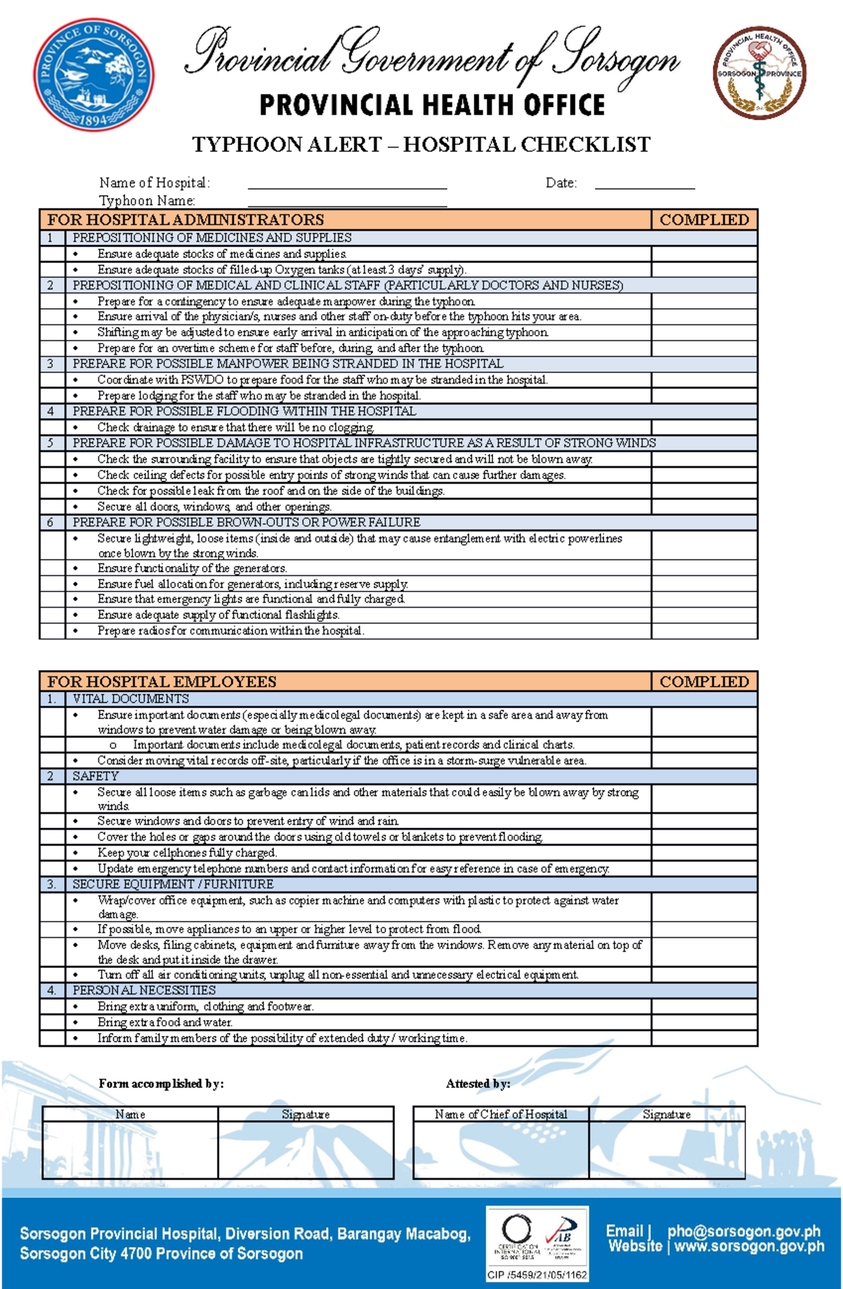 2022 10 Typhoon Checklist - TYPHOON ALERT – HOSPITAL CHECKLIST Name of ...