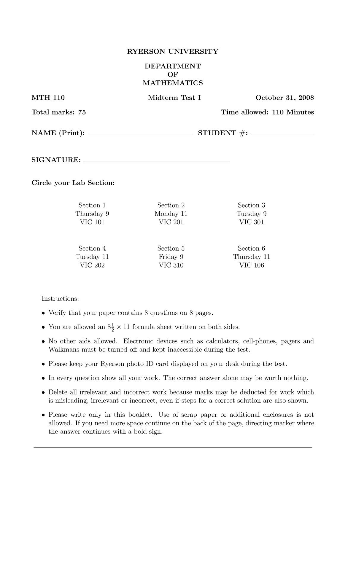 F08 Midterm - RYERSON UNIVERSITY DEPARTMENT OF MATHEMATICS MTH 110 ...