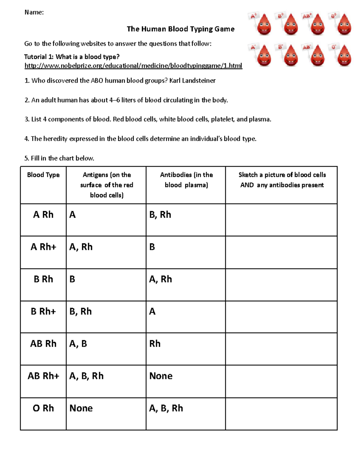 Webquest - Human Blood Typing - Name: The Human Blood Typing Game Go to ...