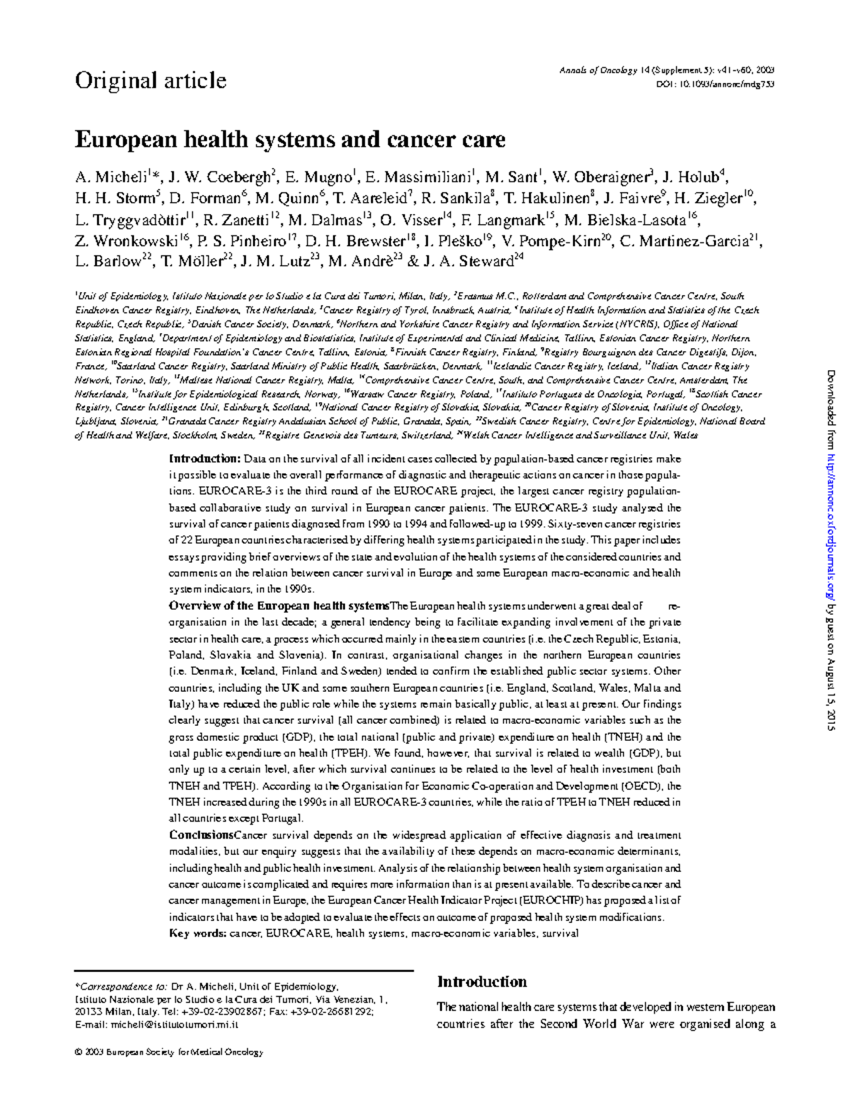 European health systems and cancer care - Annals of Oncology 14 ...