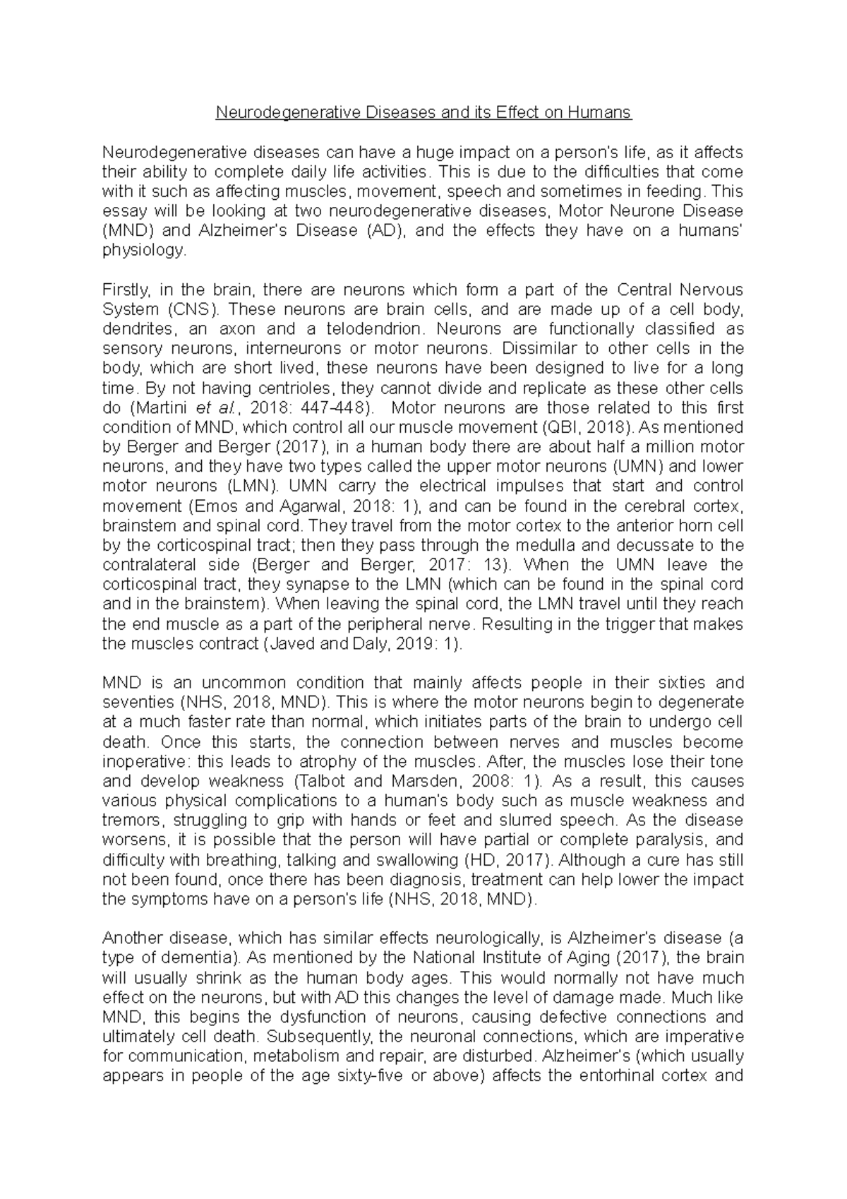 Example 4 - Essays - Neurodegenerative Diseases and its Effect on ...