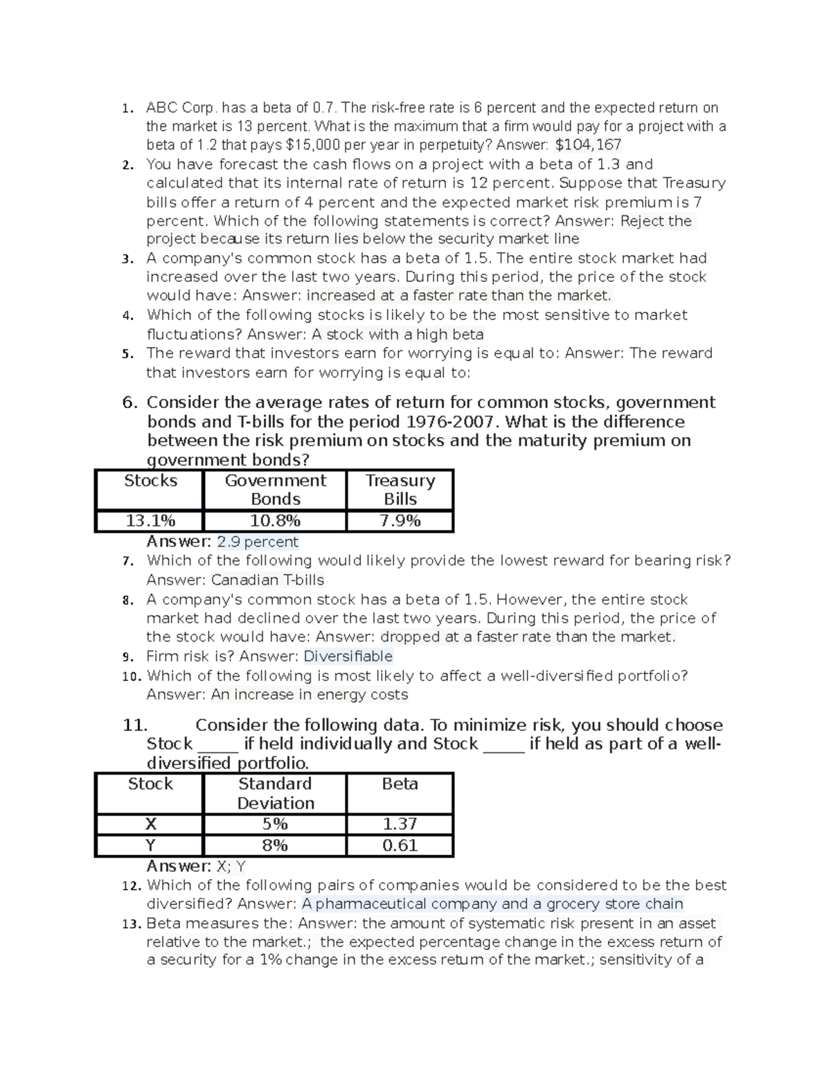 FIn Man Chapter 11-12 Quiz - 1. ABC Corp. has a beta of 0. The risk ...