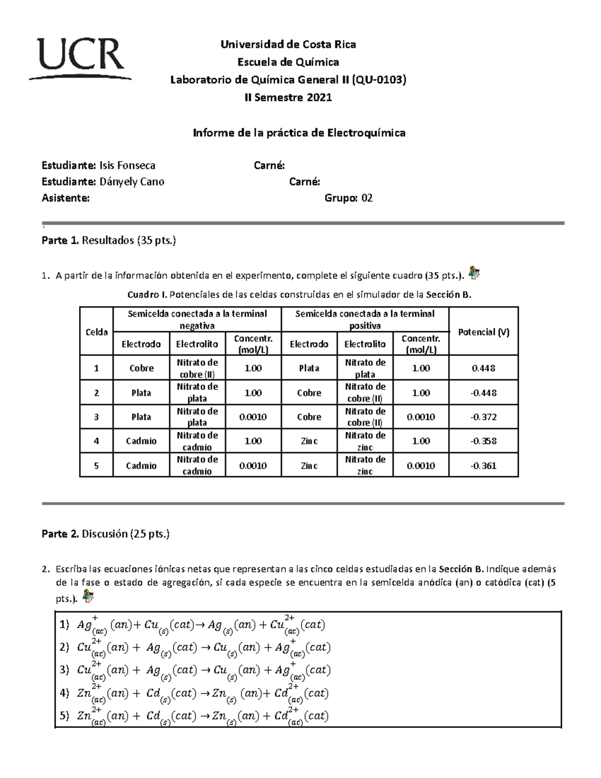 Reporte 12-Electroquímica - Universidad de Costa Rica Escuela de Química Laboratorio de Química ...