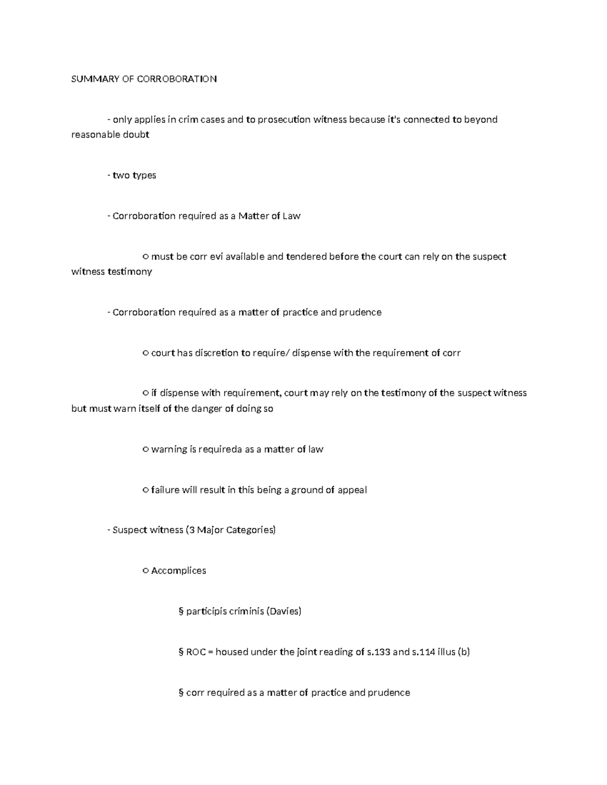 Summary OF Corroboration - SUMMARY OF CORROBORATION only applies in ...