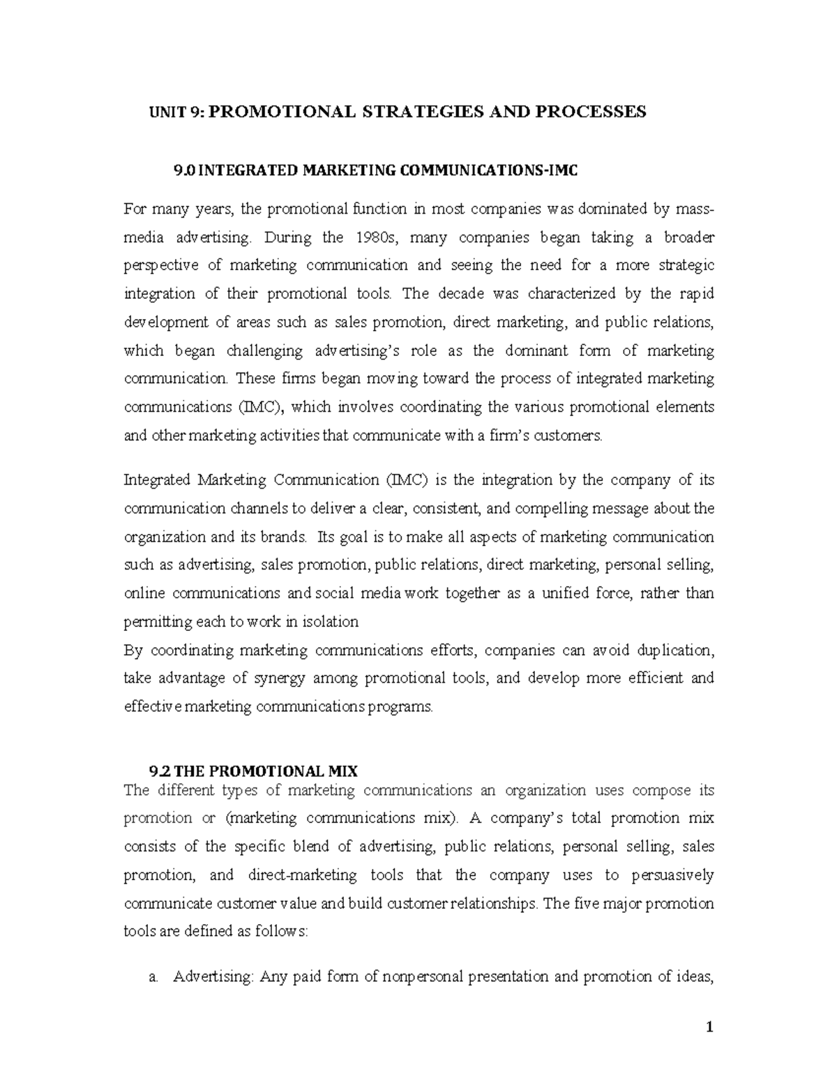 UNIT 9; Promotion - Lecture notes 1 - UNIT 9: PROMOTIONAL STRATEGIES ...