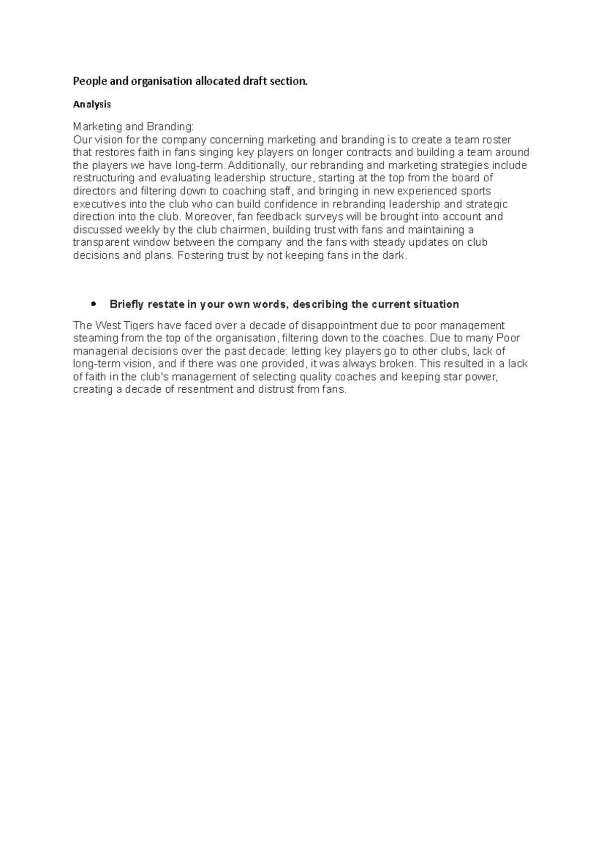 People and organisation allocated draft section - Analysis Marketing ...