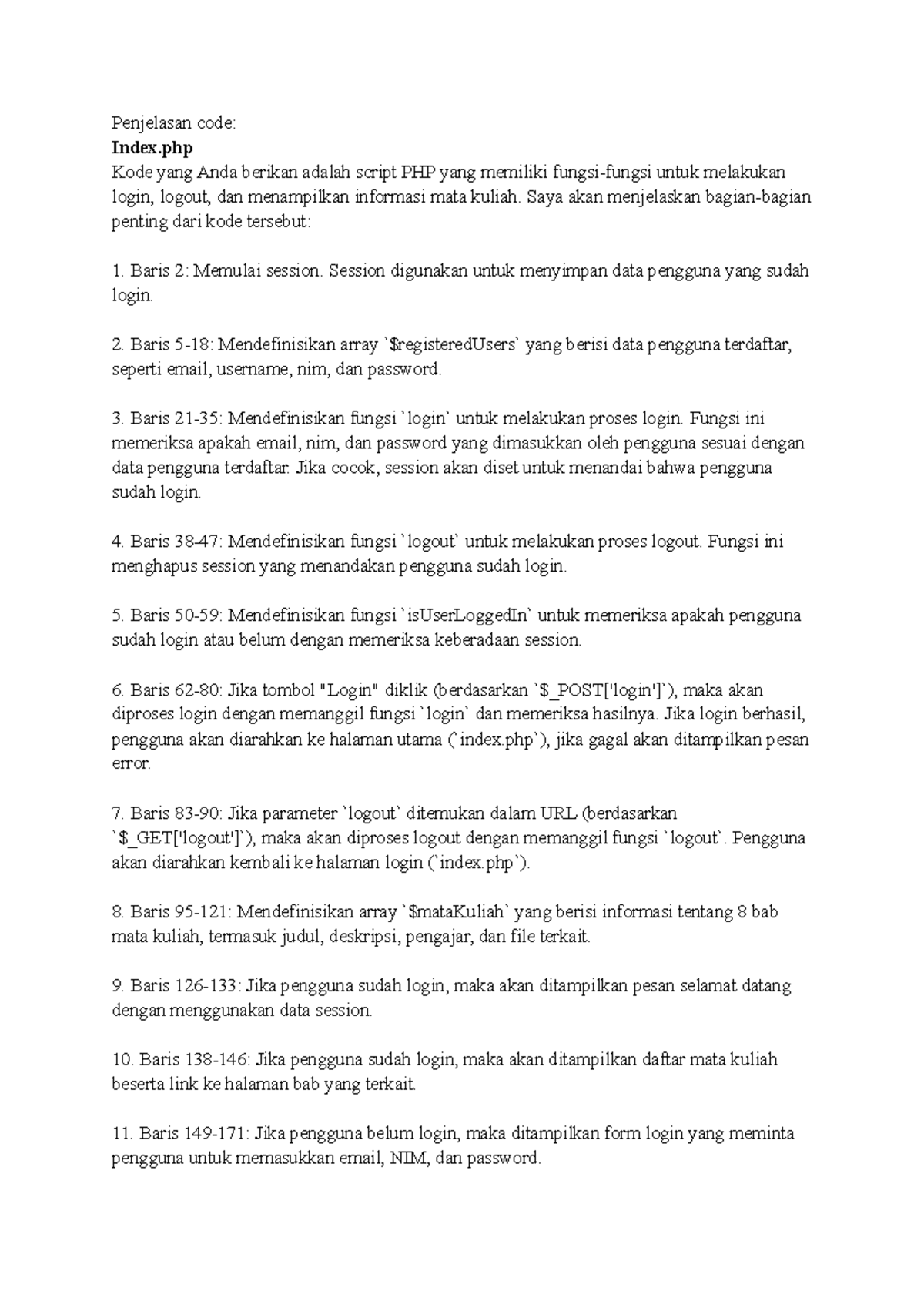 Penjelasan code - Penjelasan code: Index Kode yang Anda berikan adalah ...