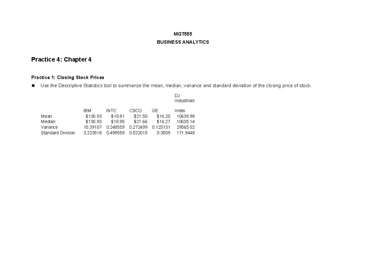 Practice 4 - Chapter 3 and 4 - MGT BUSINESS ANALYTICS Practice 4 ...